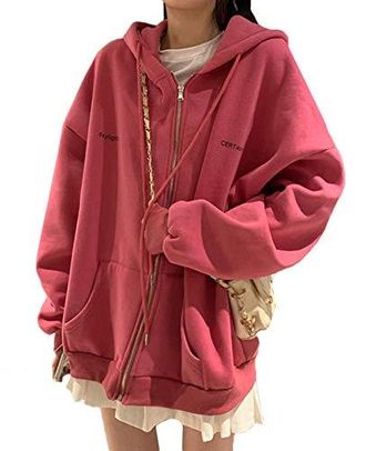 Minetom Sweat &agrave; Capuche Femme Hoodies Sweatshirt Manches Longues &agrave; Capuche Veste Blouson Casual Pull Zipp&eacute; Automne Hiver Oversize Manteau Y Rose XL