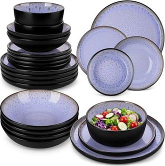 VANCASSO AMBER Service de Table 6 Personnes, Vaisselle 24 Pi&egrave;ces en Gr&egrave;s - 6 Assiettes Plates, 6 Assiettes &agrave; Dessert, 6 Bols &agrave; P&acirc;tes et 6 Bols - Adapt&eacute; au Micr