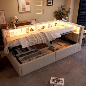 Myboo Polsterbett Schlafsofa 90x200, Kinderbett Einzelbett mit LED-Beleuchtung&USB Typ-C-Anschl&uuml;sse&Hydraulisch Stauraum&mehrere Stauf&auml;cher, Tagesbett Jugen