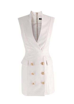 Balmain White Sleeveless Blazer Dress With Gold Button Detail Size XS