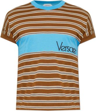 Versace Homme, Tops, Brun, Taille: XL T-shirt en coton &agrave; rayures intarsia et logo brod&eacute;