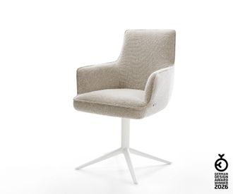 DELIFE Drehstuhl Heira-Flex mit Armlehnen Webstoff Soft Beige Fu&szlig;kreuz Wei&szlig; 360&deg; drehbar Wippfunktion Taschenfederkern, Esszimmerst&uuml;hle