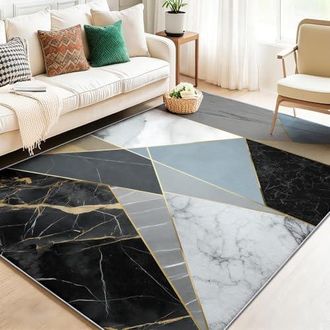 Generic Tapis 160 x 230 cm Lavable Poil Ras Anti Slip Chambre - Abstrait G&eacute;om&eacute;trique Or Marbre Th&egrave;me Tapis de Salon, Gris Moquette Decoration Maison pour Cham
