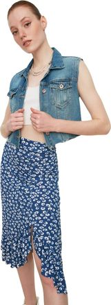 Trendyol Trendyol Damen Blumenmuster Gestrickter Rock Skirt, Blau, M EU