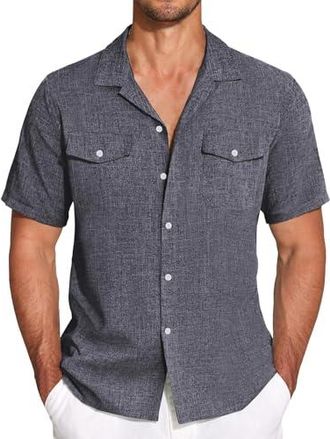 Generic Chemise &agrave; manches courtes en lin pour homme - S&eacute;chage rapide - Coupe droite - Col en V - Avec poche de poitrine - En mousseline, Marine, 3XL