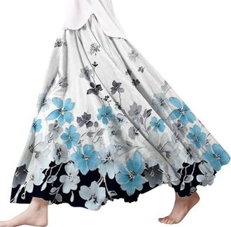 Generic Jupes pour femmes &agrave; la mode et en lin en forme d&eacute;ventail - Grand ourlet imprim&eacute; - Jupe longue 2026 - Jupe trap&egrave;ze &agrave; fleurs - Jupe trap&egrave;ze, bleu, XXL