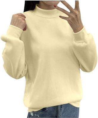 Generic Sweat-shirts à col roulé doublé en polaire pour femme - Coupe ample - Manches longues - Col rond - Couleur unie - Pull sans capuche, beige, XL