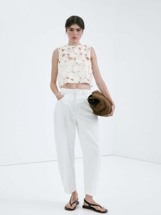 Mango Top brod&eacute; ajour&eacute; blanc cass&eacute; - Femme - S - MANGO