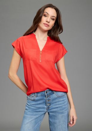 Bruno Banani Kurzarmbluse BRUNO BANANI, Damen, Gr. 34, rot, Web, Obermaterial: 100% Viskose, unifarben, figurumspielend h&uuml;ftlang, V-Ausschnitt, Blusen, mit Rei&szlig;ver