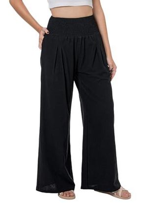 Lofbaz Femme Pantalon Large &Eacute;t&eacute; en Coton et Lin Fluide Palazzo Plage Taille Haute Boh&egrave;me Long Pantalon de Salon avec Poches Noir S