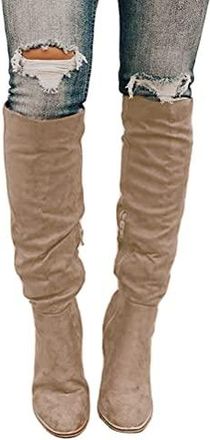 Onsoyours Bottes De Femme Daim Bloc Talons Haut Sexy Boots Automne Hiver Mode Casual Chaussures Bottes Longues A Beige 37 EU