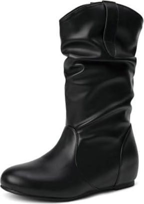 Generic Bottes mi-Mollet Femme à Enfiler avec Talon compensé caché, Bottes Casual Confortables en Similicuir pour Le Quotidien,Black PU,38 EU