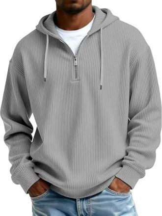 Generic Sweat à capuche zippé pour homme, col montant et manches longues en velours côtelé, fermeture éclair 1/4, pull de golf, pull de golf, sports dhiver et