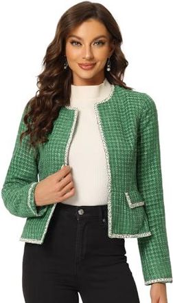 Allegra K Blazer à carreaux en tweed pour femme - Manches longues - Ouverture sur le devant - Veste courte pour le travail et le bureau, Vert, S