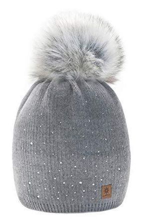 morefaz morefaz Femme Beanie Cristaux Chapeau Hat Crystal Grande Pom Pom Bonnet dhiver Chaud Doublure Polaire (Gray) MFAZ Ltd