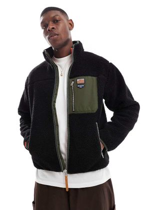 Superdry Fleece-Jacke in Schwarz mit Reißverschluss in Vintage-Retrodesign