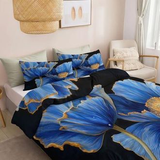 Generic Housse de Couette 240 x 260 cm Parure de Lit Bleu Noir, Housse de Couette Imprim&eacute; Peinture &agrave; lhuile Plantes Bleu Fleurs Microfibre Parure de Lit avec 