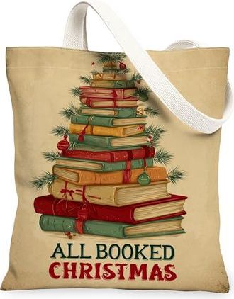Generic Sac fourre-tout en toile avec motif de livres de No&euml;l, sacs d&eacute;picerie r&eacute;utilisables, festifs, l&eacute;gers et lavables, beige, 13x15 Inch