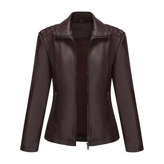 Generic Veste de moto en cuir synth&eacute;tique pour femme avec fermeture &eacute;clair - Tendance - Veste de sortie fine &agrave; fermeture &eacute;clair, caf&eacute;, XXL