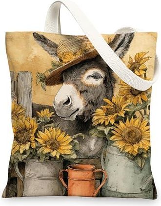 Generic Sacs fourre-tout en toile motif tournesol, motif animaux de la ferme, sacs dépicerie réutilisables, vintage dessinés à la main, légers, lavables, jaun