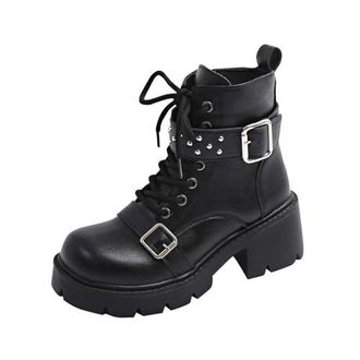 Generic Bottes &agrave; lacets en similicuir pour femme - Style moto - Fermeture &eacute;clair lat&eacute;rale - Talon &eacute;pais - Confortables - Pour f&ecirc;te en plein air, Noir, 36.5 EU