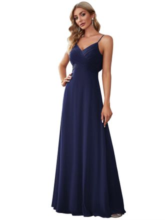Ever-pretty Damen Elegante Brautjungfernkleider Chiffon Ärmellos Langer Halter Abendkleider Ballkleider V-Ausschnitt Navy Blau 42