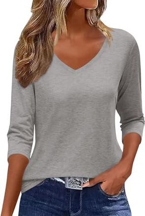 Minetom T Shirt Femme Manche 3/4 Col en V Tee Shirt Coupe Classique Ample L&eacute;ger Printemps &eacute;t&eacute; Automne Basic Top A Gris S