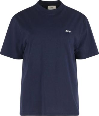 Autry Femme, Tops, Bleu, Taille: 38 FR T-shirt en coton avec logo brod&eacute;