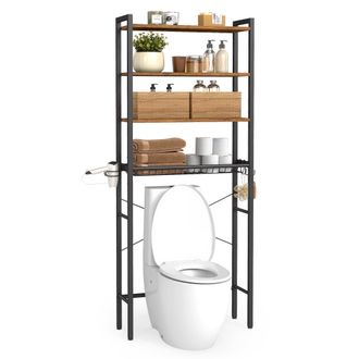 Vasagle Toilettenregal, Badezimmerregal mit verstellbaren Ablagen und Gitterkorb, WC-Regal mit F&ouml;hnhalter, 3 Haken, platzsparend, 24 x 60 x 173 cm, vintagebra