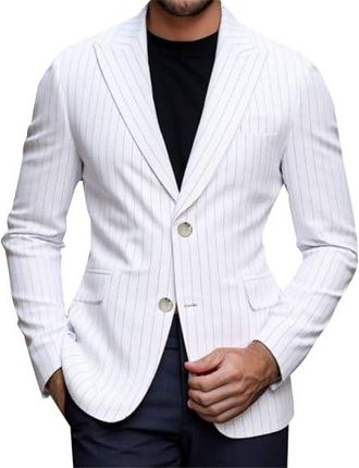 Generic Blazers pour homme Blazer rayé avec poches coupe ajustée deux boutons Smoking Manteaux à manches longues pour fête de mariage, Blazer blanc pour homme