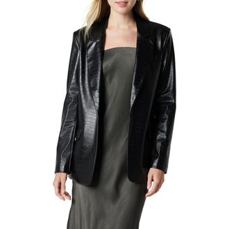 The Drop Damen Anouk Langer Blazer aus Kunstleder, Black Croc, L