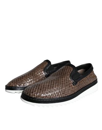 Dolce & Gabbana Brown Black Leather Weaved Men Loafers Shoes And Buffalo Calf