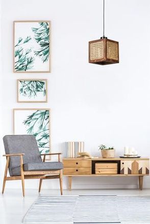 Opviq Elegant Chandelier with FIR Wood Body & Natural Rattan Cap, Adjustable Height 70 cm, E27 Socket, 18 cm Diameter | Stylish Walnut & Rattan Design for M