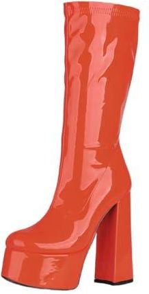 Generic Bottes hautes à talon épais pour femme, couleur unie, style gothique, décontracté, longues bottes, Orange, 44 EU
