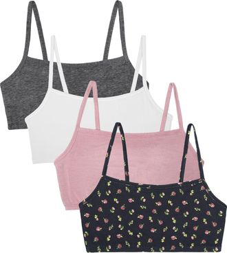 Fruit Of The Loom Damen Spaghettiträgern, Baumwolle, Vorteilspack Sport-BH, Dancing Rosebuds/Lilas/White/Charcoal, 90 (4er Pack)