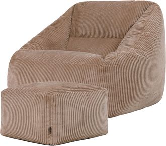 Icon Brand Natalia Sitzsack Sessel mit Hocker f&uuml;r Erwachsene, Mokkabraun, Flauschiger Cord Stoff, Riesen Sitzsack Cord mit F&uuml;llung, Bean Bag Chair, Bequemer Sess
