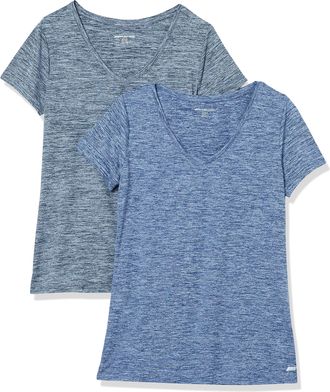 Amazon Essentials Damen Active Quick Dry Tech Stretch Kurzarm-T-Shirt mit V-Ausschnitt (in Übergröße erhältlich), 2er-Pack, Marineblau Heidekraut/Schwarz Heide, XXL