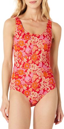 Amazon Essentials Einteiliger Badeanzug f&uuml;r Damen (erh&auml;ltlich in &Uuml;bergr&ouml;&szlig;e), Leuchtend rot mit mehrfarbigem Blumenmuster, Gr&ouml;&szlig;e L