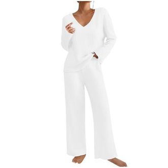 Generic Ensemble de v&ecirc;tements de d&eacute;tente pour femme en coton et couleur unie col rond avec bouton pantalon ample d&eacute;contract&eacute; &agrave; manches courtes pour femme Surv