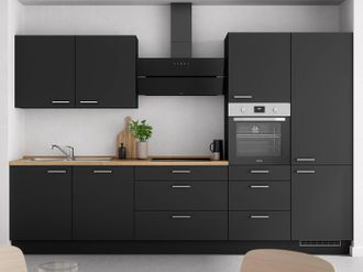 Nobilia home24 Küchenzeile High-Line Touch Variante D 330cm Ausrichtung rechts Schwarz/Schwarz/Eiche Sierra Dekor ohne Elektrogeräte