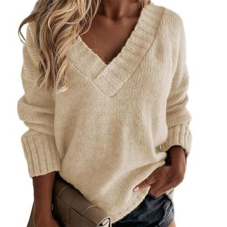 Generic Pull dautomne surdimensionn&eacute; d&eacute;contract&eacute; et intemporel &agrave; col en V pour femme - Pull &eacute;pais &agrave; manches longues - Pull c&ocirc;tel&eacute; pour lhiver, abricot, XXL