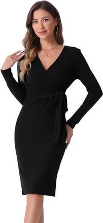 Allegra K Robe Portefeuille pour Femmes, col en V, Manches Longues, Cravate &agrave; la Taille, Gaine, Robes mi-Longues d&eacute;contract&eacute;es dautomneNoir XL