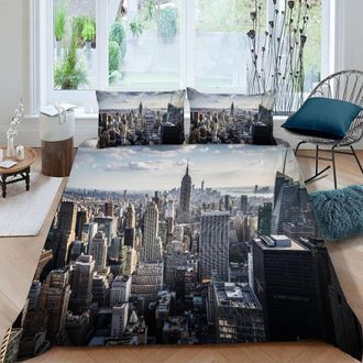 Generic Bettwäsche 140x200 New York Bettwäsche-Sets Stadtbild Bettbezug mit Reißverschluss 3D Weich Mikrofaser Bügelfrei Deckenbezug 140 x 200 mit 2 Kissenbez