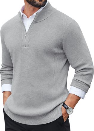 Coofandy Pullover Herren Zip Pullover Strickpullover Rollkragenpullover Langarm Winterpullover Feinstrick Sweater M&auml;nner Pulli Hellgrau S