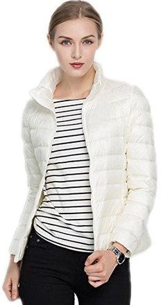 Santimon Femme Doudoune Ultra Légère Courte Col Rester Veste Duvet Chaud Hiver Compressible Blouson Blanc X-Large