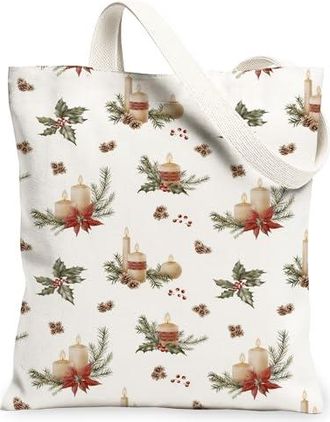 Generic Sacs fourre-tout en toile &agrave; motif floral de No&euml;l, sacs d&eacute;picerie r&eacute;utilisables, l&eacute;gers et lavables pour les vacances, blanc, 13x15 Inch