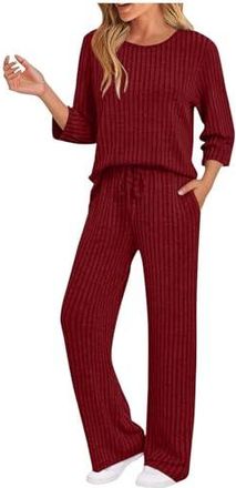 TOMWELL Pyjama Femme Couleur Unie Ensemble Shirt Manches 3/4 Surv&ecirc;tement D&eacute;contract&eacute; 2 Pi&egrave;ce Jogging Suit A Vin Rouge L