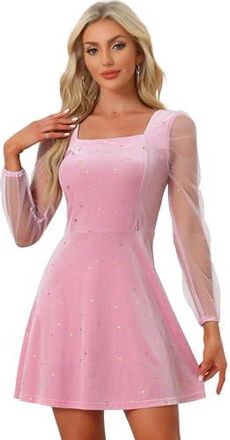 Allegra K Mini-Robe Courte en Velours &agrave; Manches Longues et &agrave; Encolure carr&eacute;e en Maille Transparente pour Femmes Rose Vif L