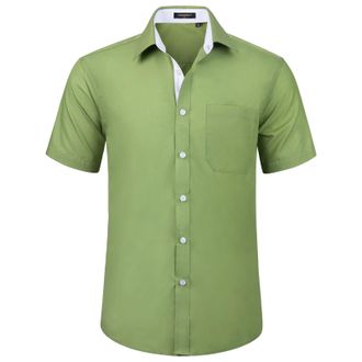 Hisdern Hemd Herren Kurzarm Gr&uuml;n Freizeithemd F&uuml;r Herren Businesshemd Regular Fit B&uuml;gelfreies Herrenhemd mit Brusttasche,2XL