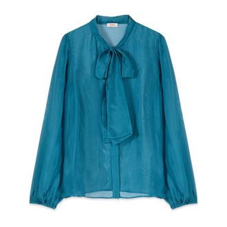 Oltre Bluse aus Seiden-Voile-Mix mit Schleife - - Blouses & Shirts - Damen - Blau - 2XL